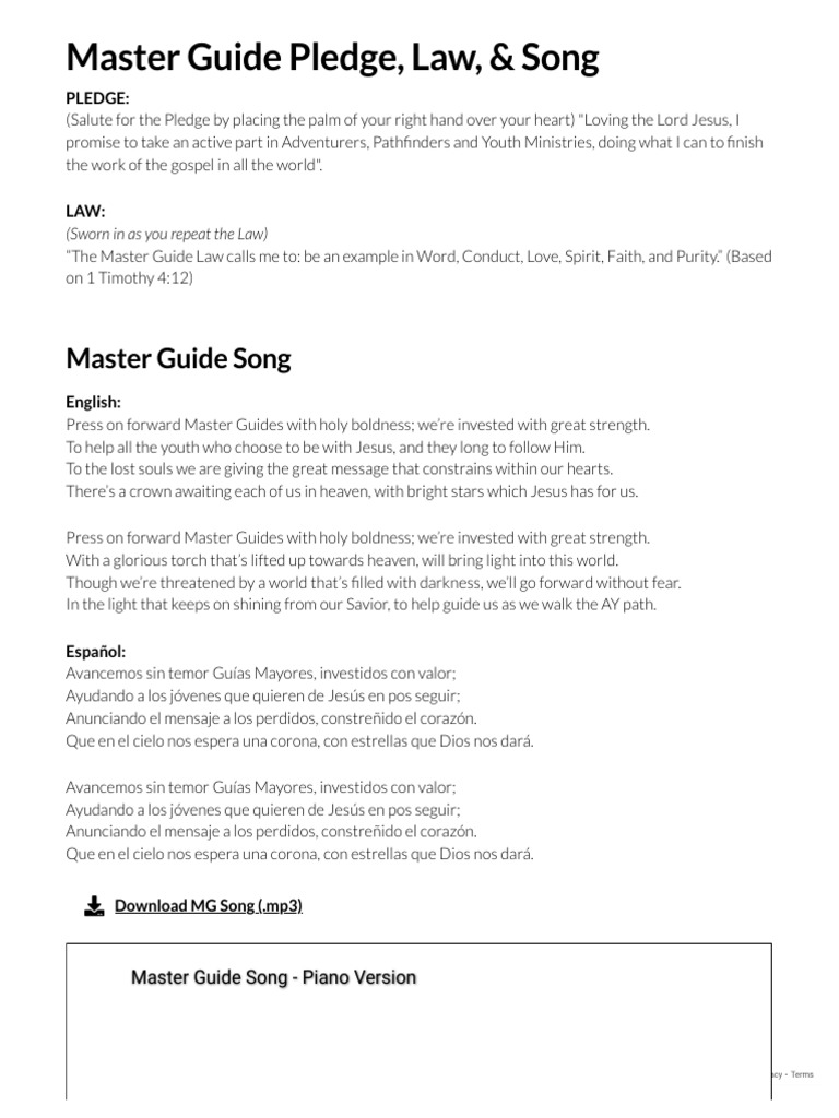 Master Guide Pledge, Law, & Song - Club Ministries - North American ...