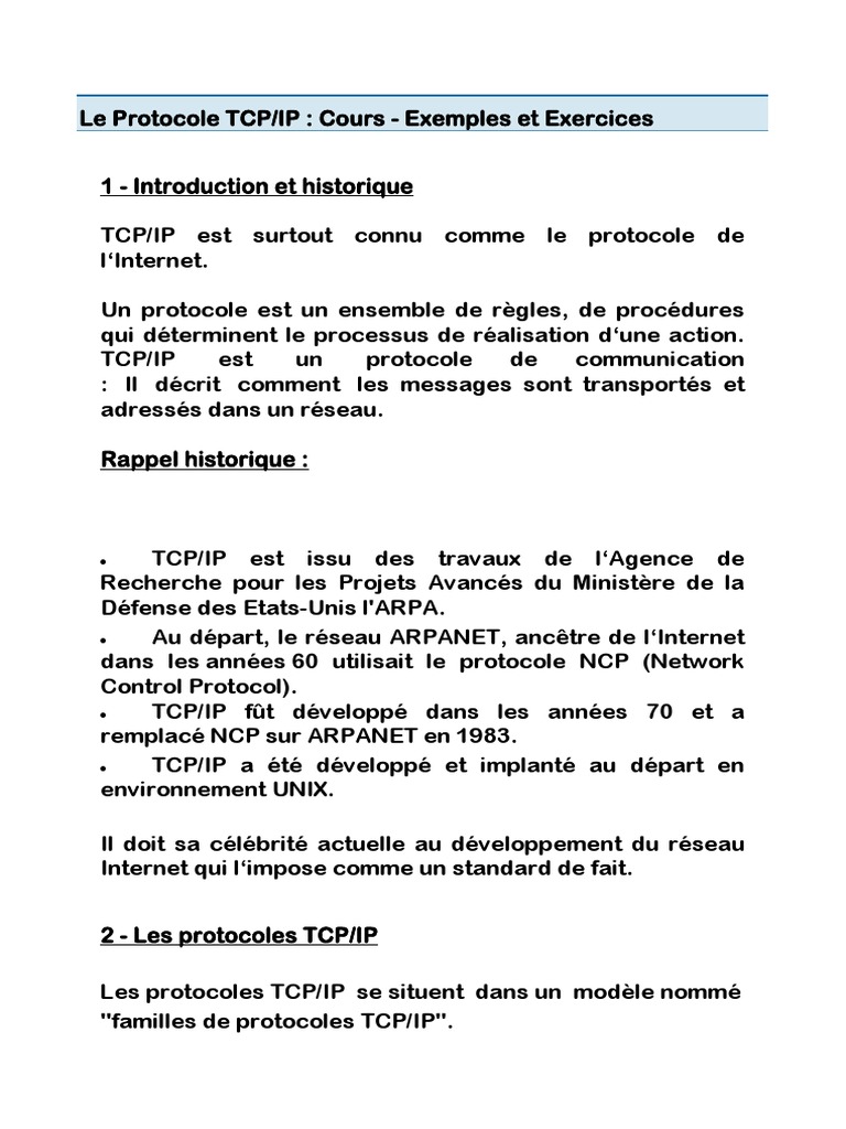 Cours sur le Protocole TCP/IP | PDF | Protocoles Internet | Protocole ...