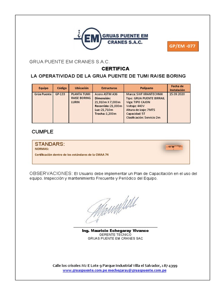 Certificación de Operatividad Grúa Puente Tumi | PDF