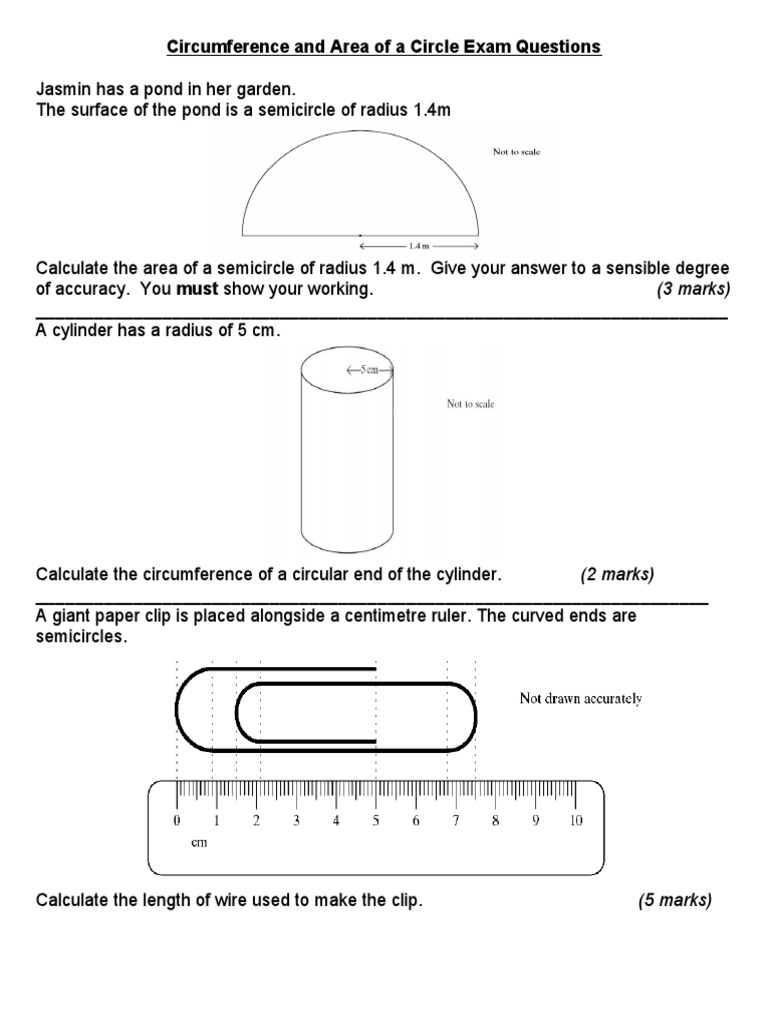 Circle Area and Circumference Exam Questions | PDF