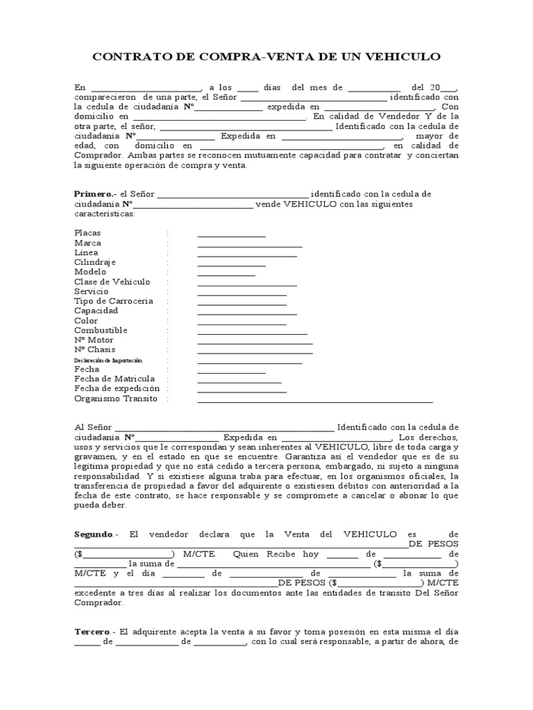 CONTRATO DE COMPRA de VEHICULO PARA LLENAR | PDF | Vehículos