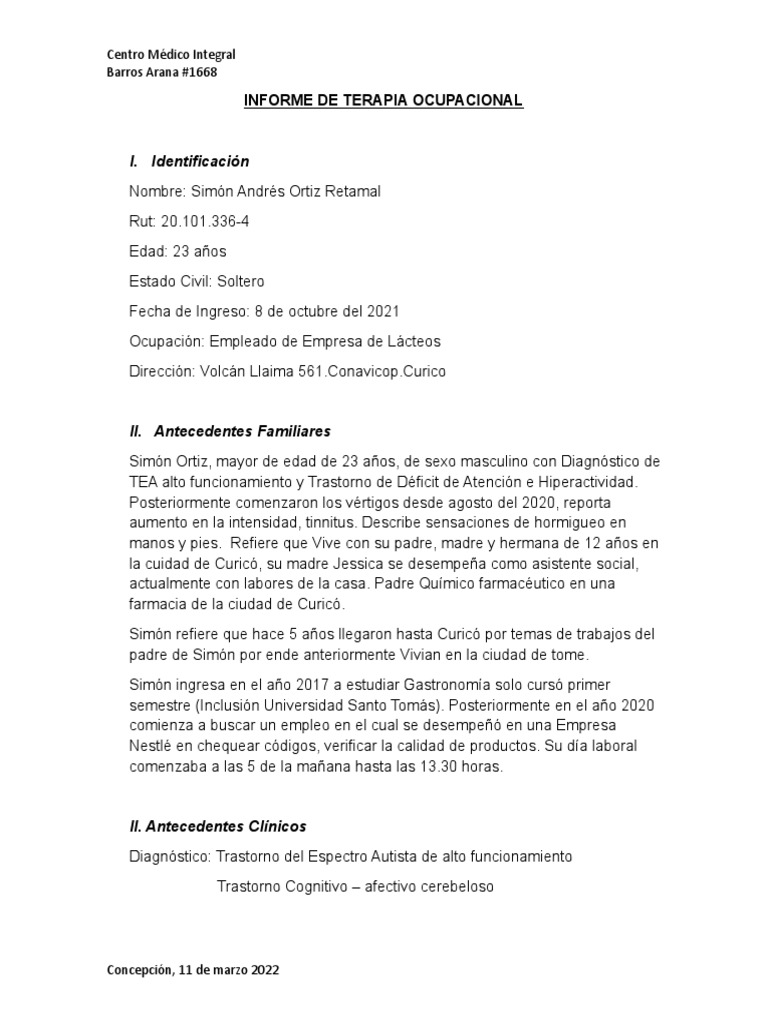 Informe de Terapia Ocupacional Simon 1 PDF | PDF | Las emociones | Ansiedad