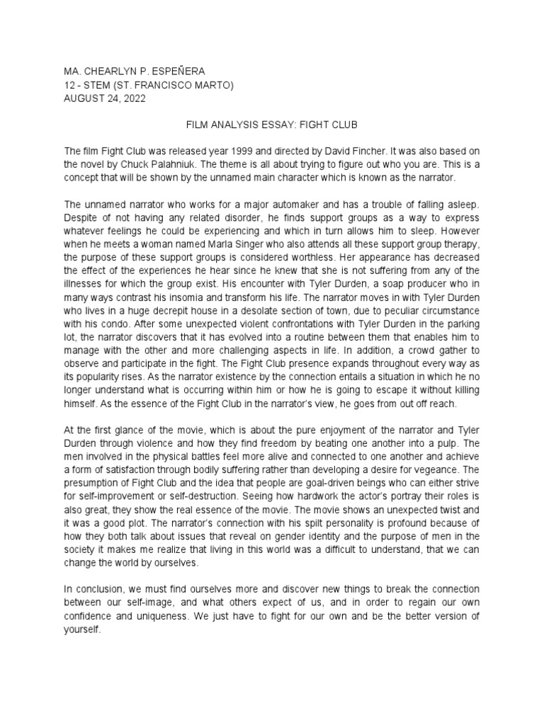 FILM ANALYSIS ESSAY (Fight Club) | PDF