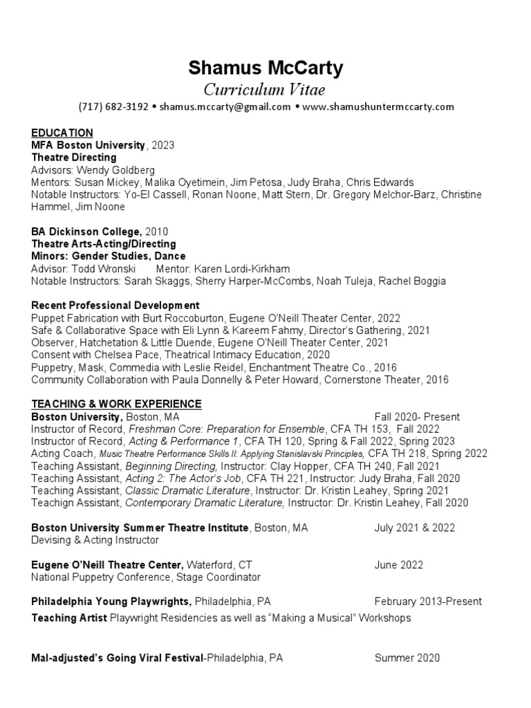 Cv-Shamus Mccarty 2022 | Download Free PDF | Oral Literature | Entertainment