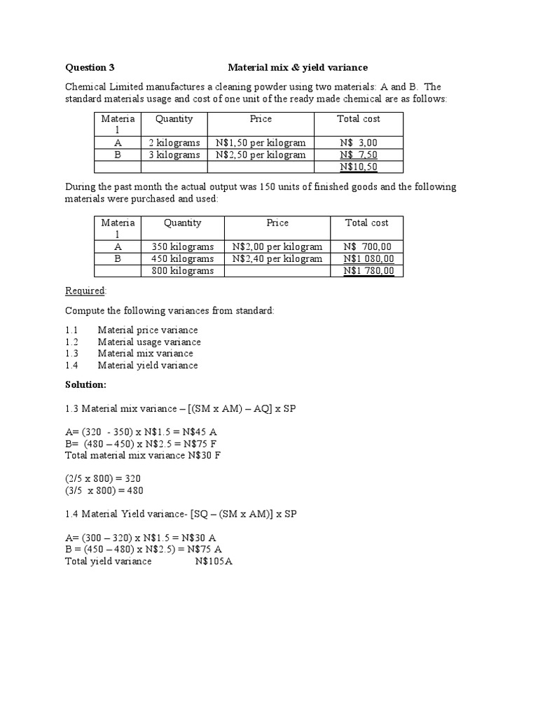 Practice Question Three-Material, Labour Sales Mix Variance | PDF | Prices | Variance
