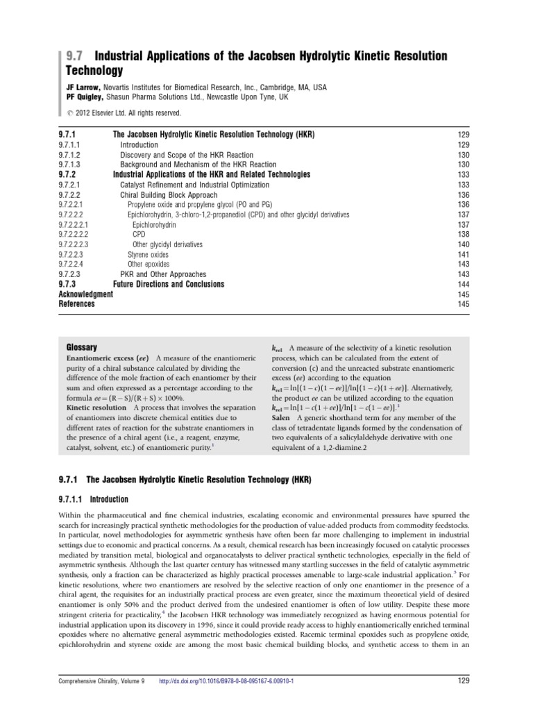 Industrial Applications of The Jacobsen Hydrolytic Kinetic Resolution ...
