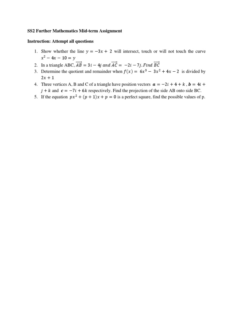 SS2 Further Mathematics Mid-Term Assigment | PDF