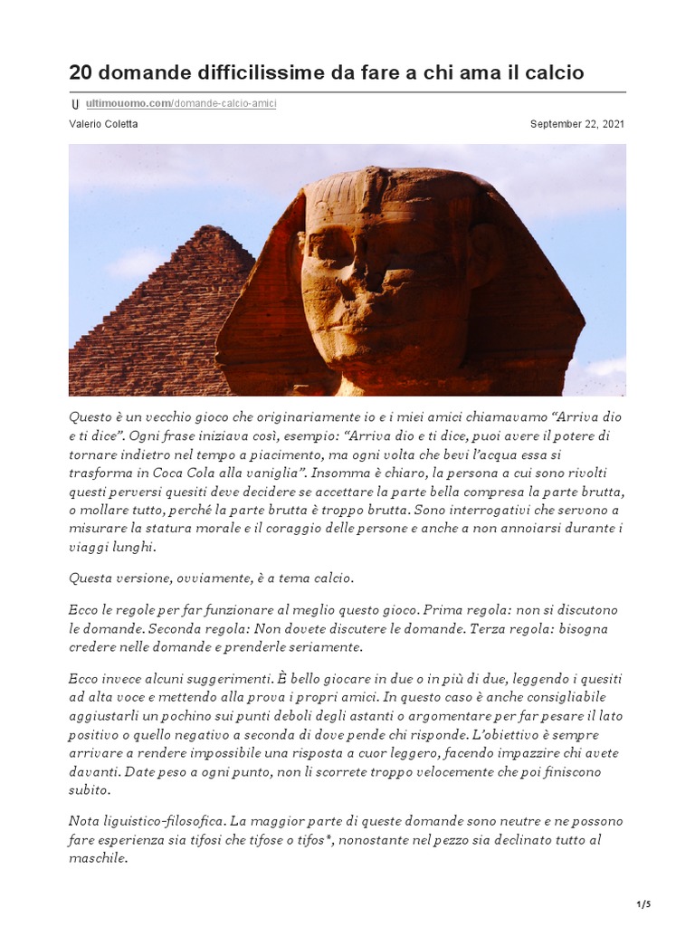 20 Domande Difficilissime Da Fare A Chi Ama Il Calcio | PDF