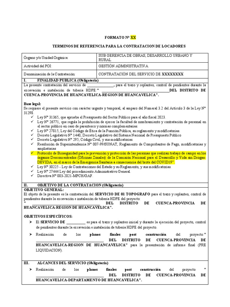 Formato - Terminos de Referencia TDR Servicios Por Locacion | PDF ...
