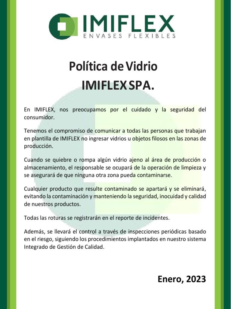 Politica de Vidrio Imiflex - 00 | PDF