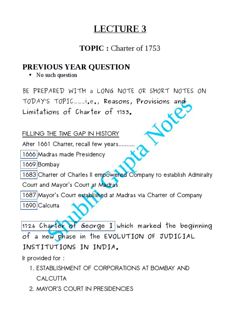 TOPIC: Charter of 1753 Previous Year Question | PDF | Jurisdiction | Mayor