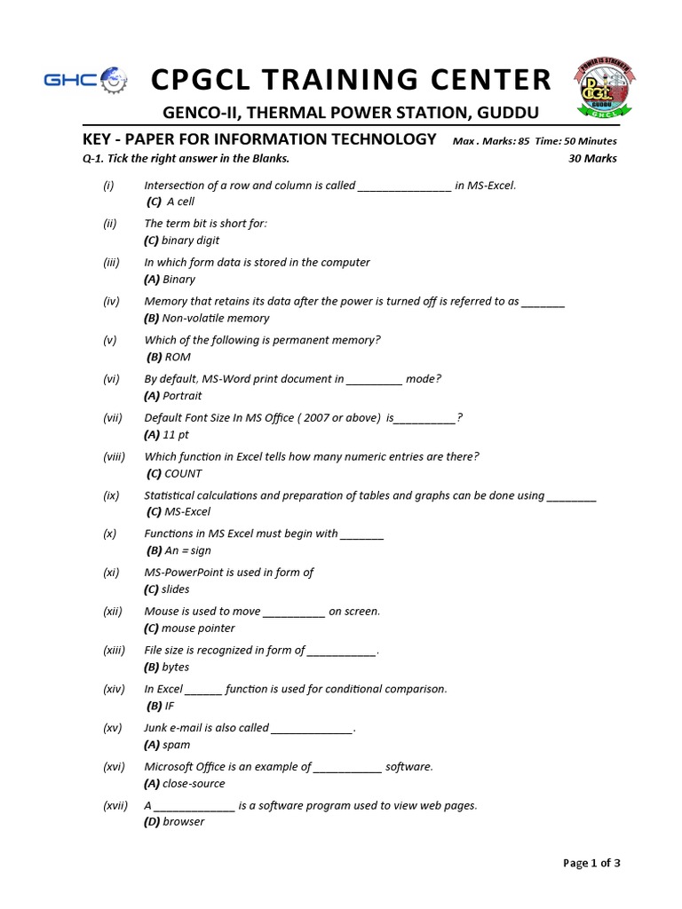 CPGCL TRAINING CENTER PAPER-5 - Key | PDF | Microsoft Excel | Microsoft ...