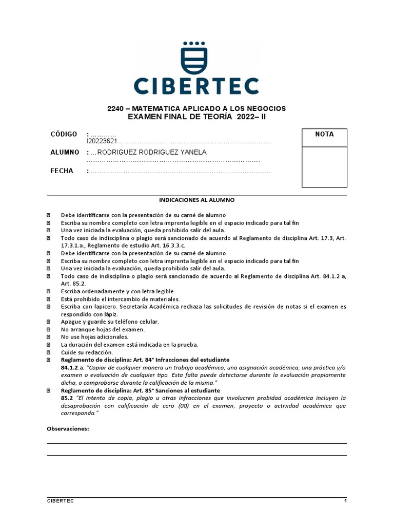 Examen Final de Matematica Yanela Rodriguez | PDF | Prueba (evaluación)