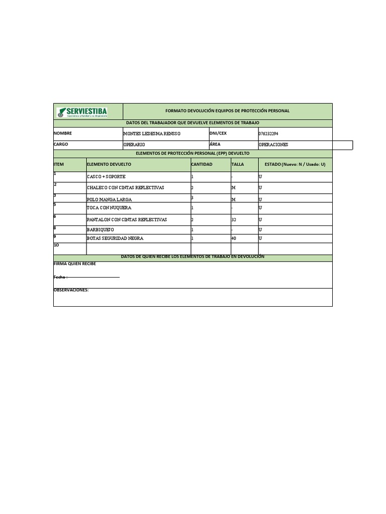 Formato SST 007 Formato Devolución Epps | PDF
