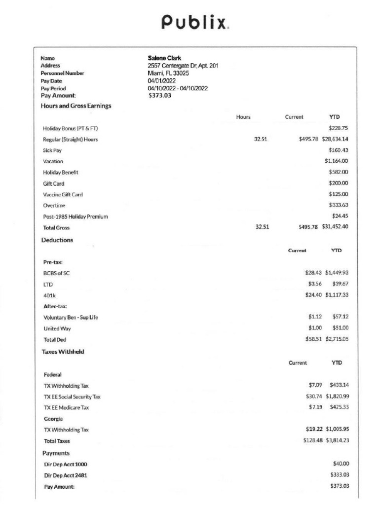 PUBLIX PAYSTUB Salene Clark 04-22 To - 06-22 | PDF