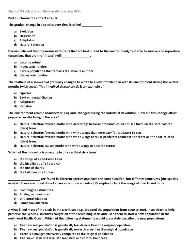 Chapter 5 Evolution and Biodiversity Exercises IB SL | PDF | Evolution ...