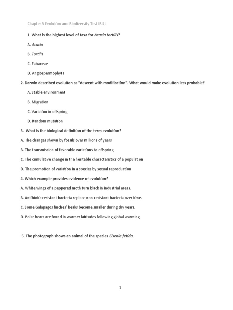 Chapter 5 Evolution and Biodiversity Test IB SL | PDF | Evolution | Species
