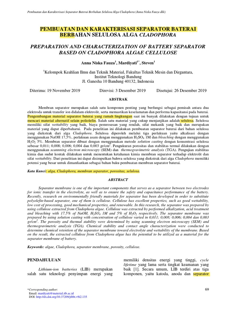 Pembuatan Dan Karakterisasi Separator Baterai Berb | PDF Pembuatan Dan Karakterisasi Separator Baterai Berb | PDF
