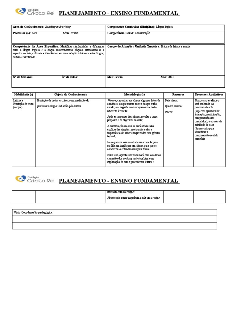 Colégio Cristo Rei - Plano de Aula | PDF | Cognição
