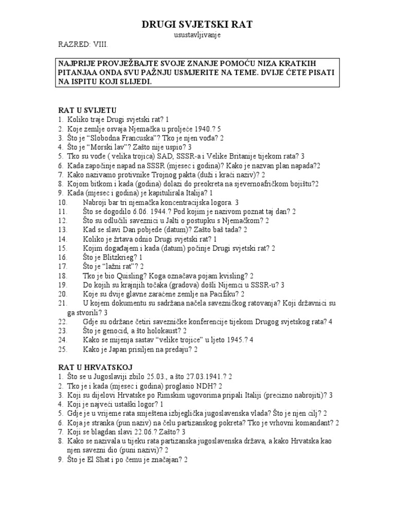 Priprema Za Ispit - DRUGI SVJETSKI RAT | PDF