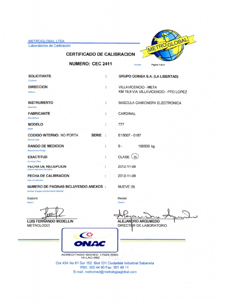 Certificado de Calibración | PDF | Calibración | Medición