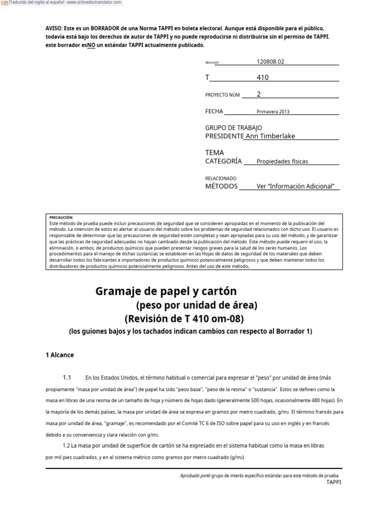 Norma TAPPI T 410: Gramaje de Cartón | PDF | Papel | Masa