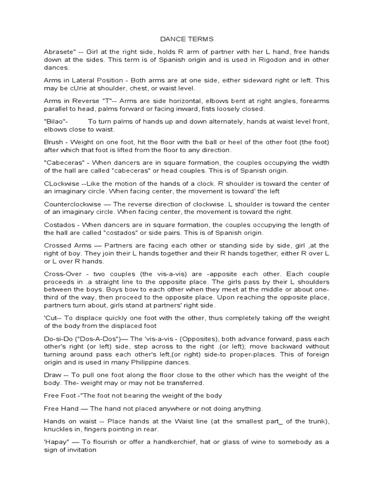 DANCE TERMS EXPLAINED | PDF | Foot | Hand