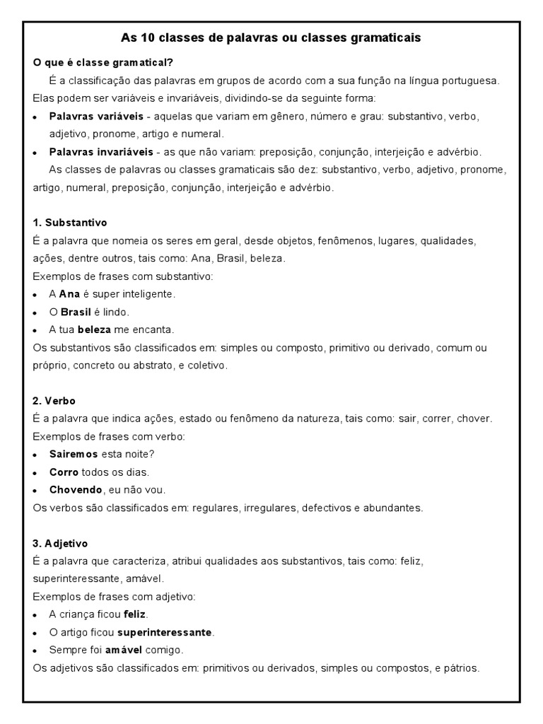 As 10 Classes de Palavras Ou Classes Gramaticais | PDF | Pronome | Palavra
