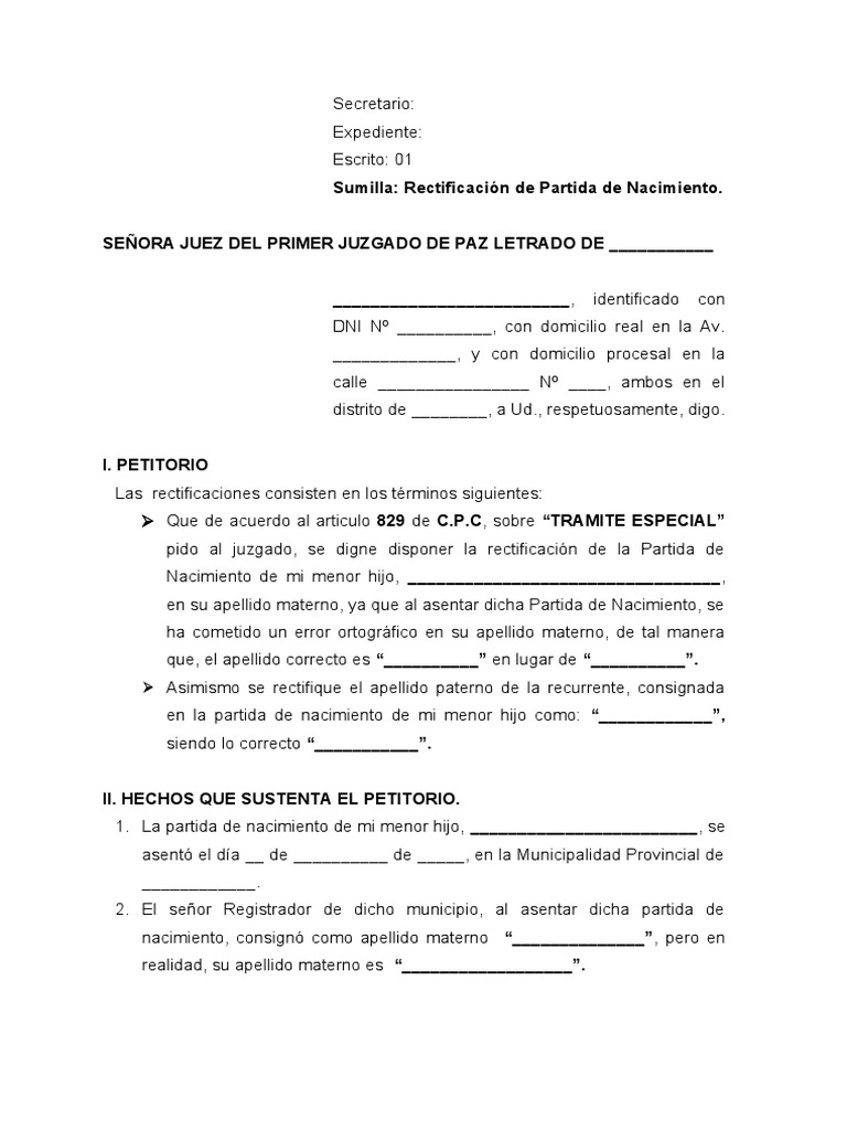 Modelo Demanda de Rectificacion de Partida de Nacimiento | PDF ...