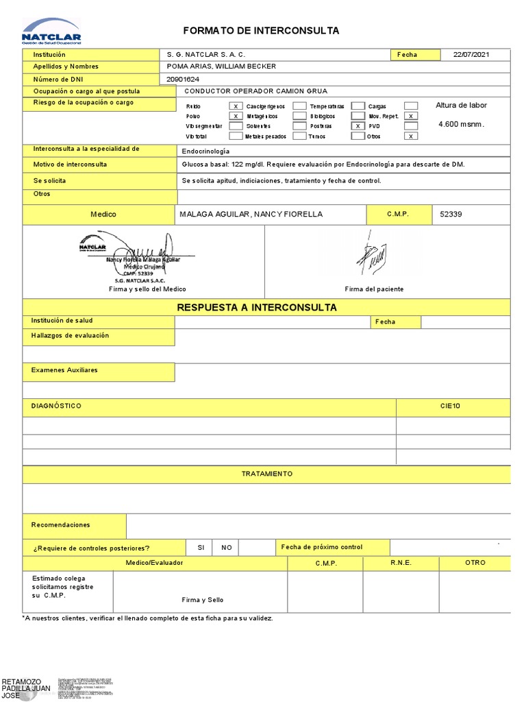 Formato de Interconsulta: Altura de Labor 4.600 MSNM | PDF ...