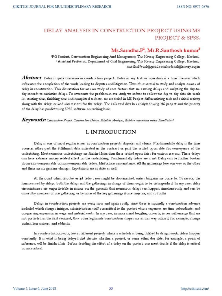 KUMAR, R Saradha. Delay Analysis in Construction Project Using MS Project and SPSS | PDF