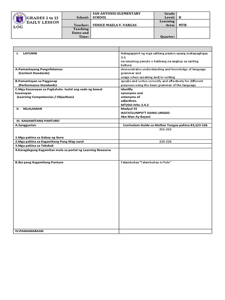Grade 2 DLL MTB 2 Q4 Week 4 | PDF