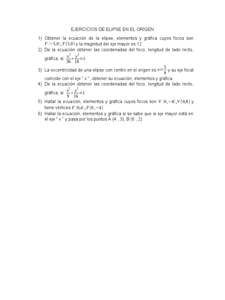 Ejercicios de Elipses en el Origen | PDF | Métodos y materiales de enseñanza