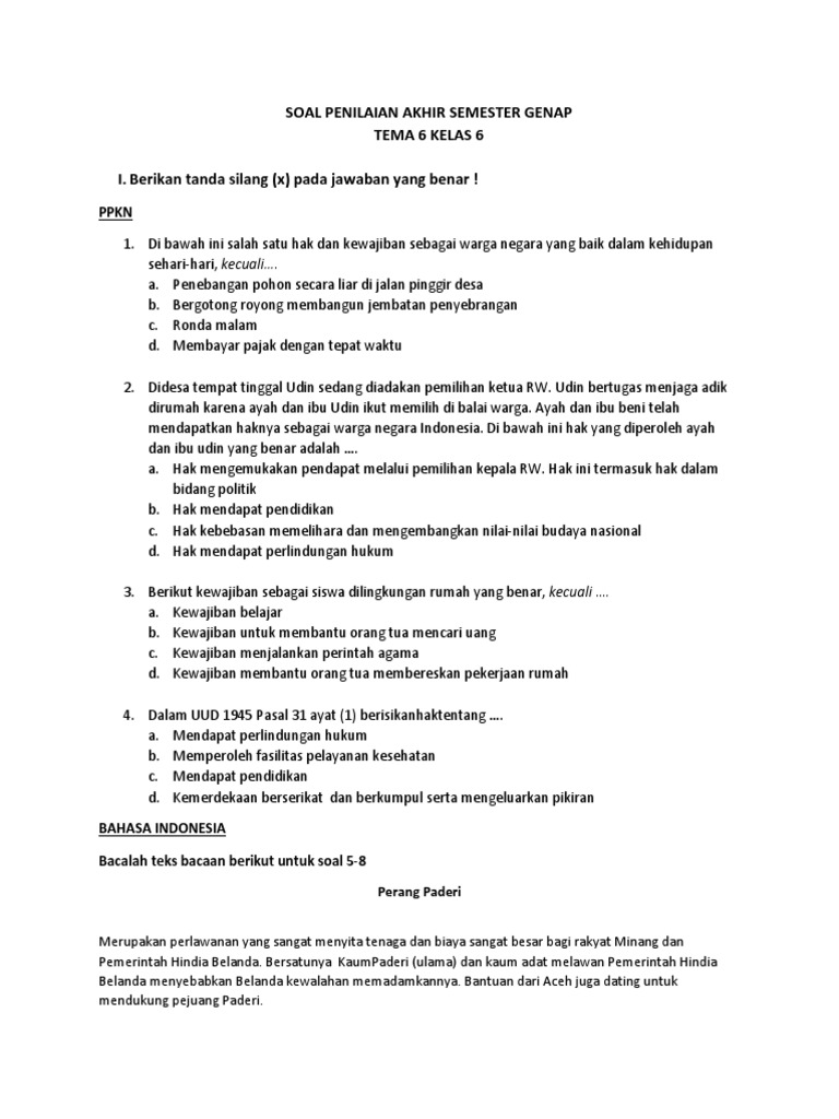 Soal & Kisi Kisi Kelas 6 Tema 6 | PDF