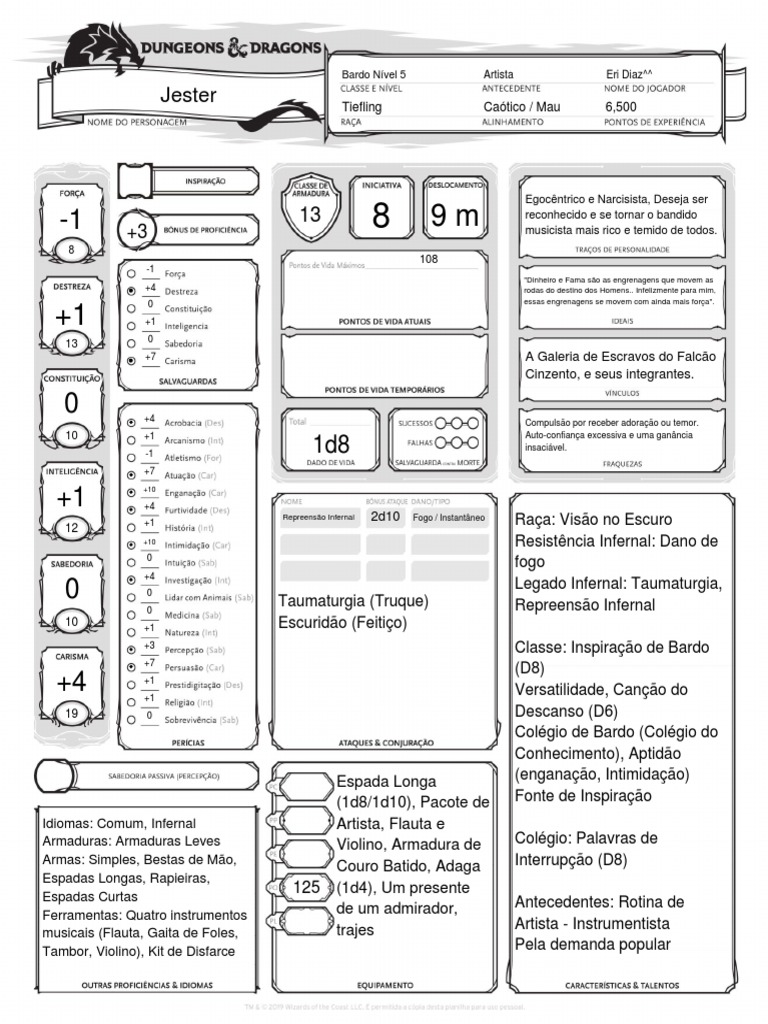 D - D 5E - Jester, Ficha de Personagem Editável | PDF