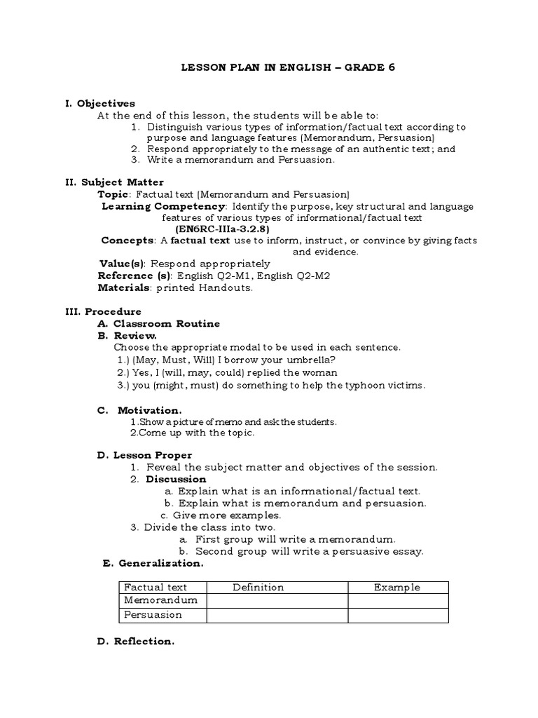 Grade 6 Lesson Plan: Factual Texts | PDF | Lesson Plan | Memorandum