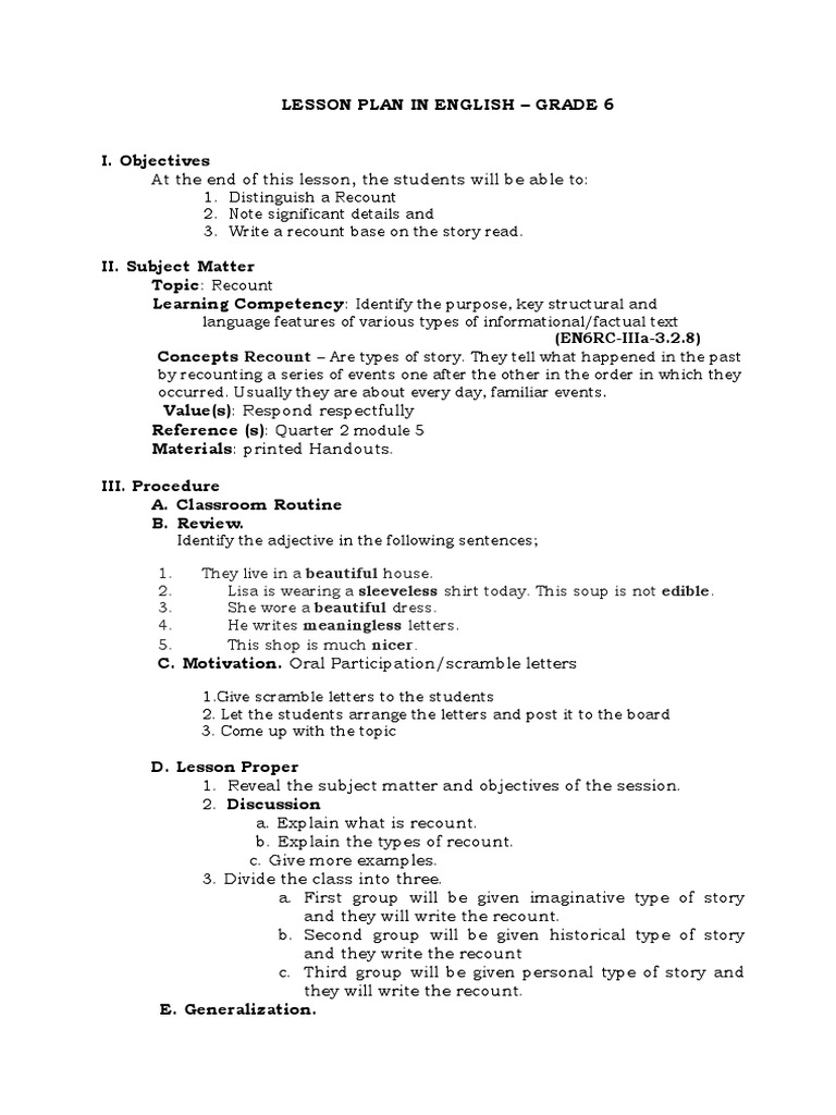 Grade 6 English Recount Lesson Plan | PDF | Lesson Plan | Education Theory