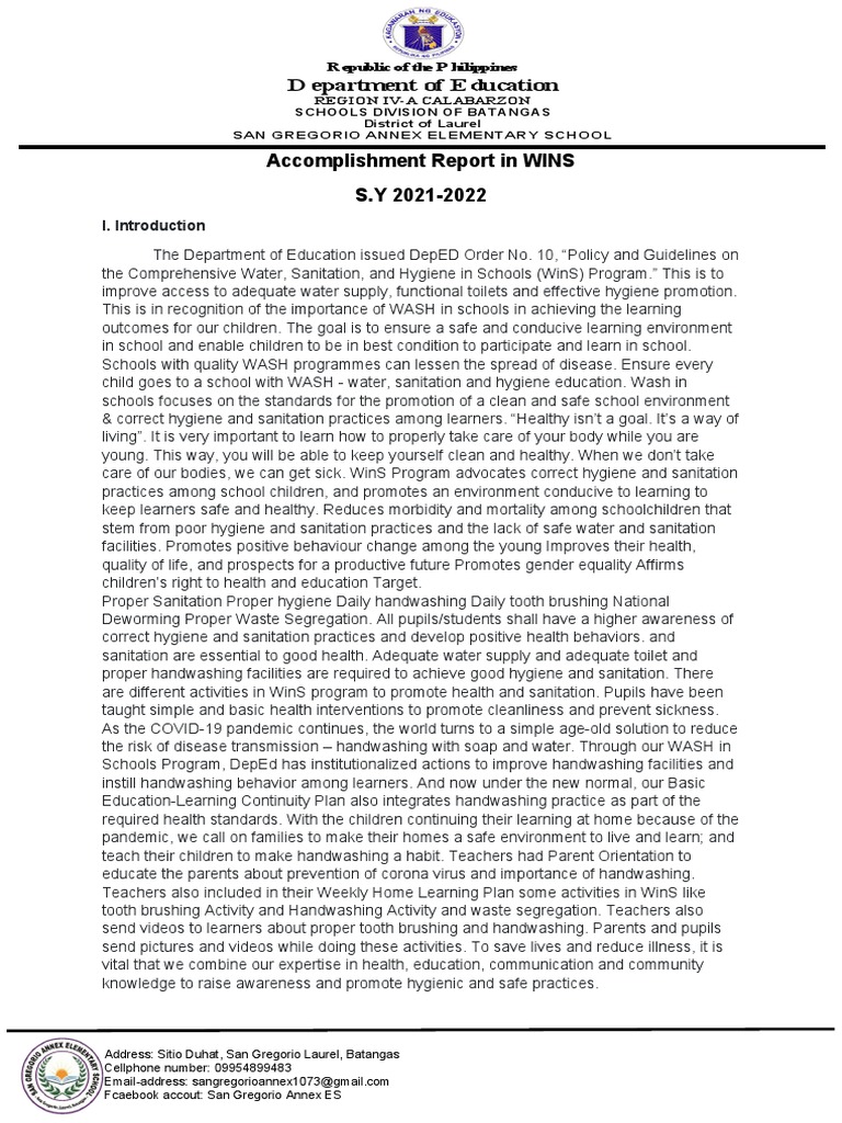 WINS Accomplishment Report 2021-2022 | PDF | Wash | Hand Washing