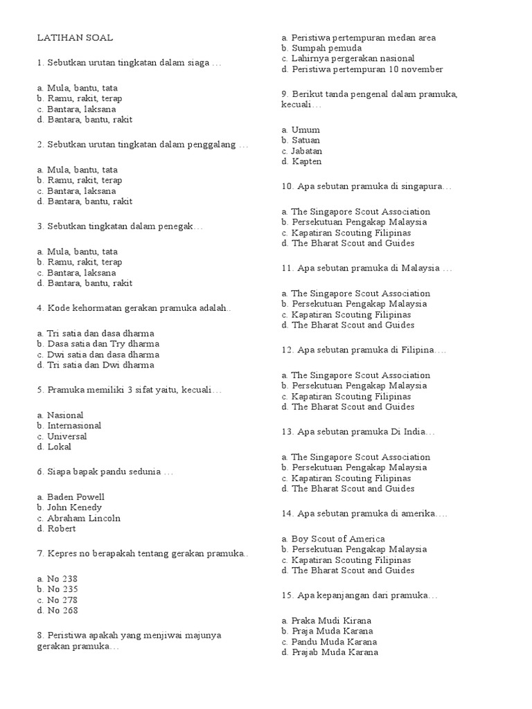 LATIHAN SOAL PRAMUKA 1 Tanpa Kunci Jawab | PDF