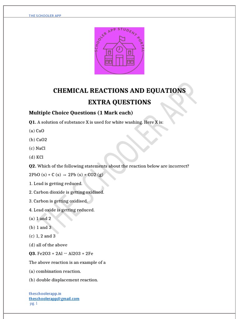 Class 10 Chemical Reactions Extra Questions | PDF | Chemical Reactions ...