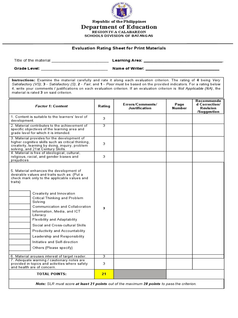 Evaluation Rating Sheet For Print Materials-BIGBOOK | PDF | Critical ...