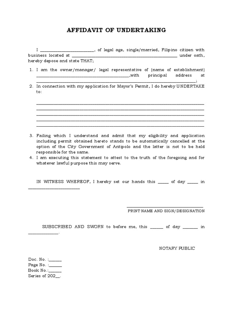 Affidavit of Undertaking for Permits | PDF
