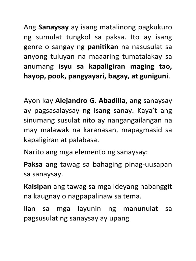 Ang Sanaysay Ay Isang Matalinong Pagkukuro NG Sumulat Tungkol Sa Paksa ...