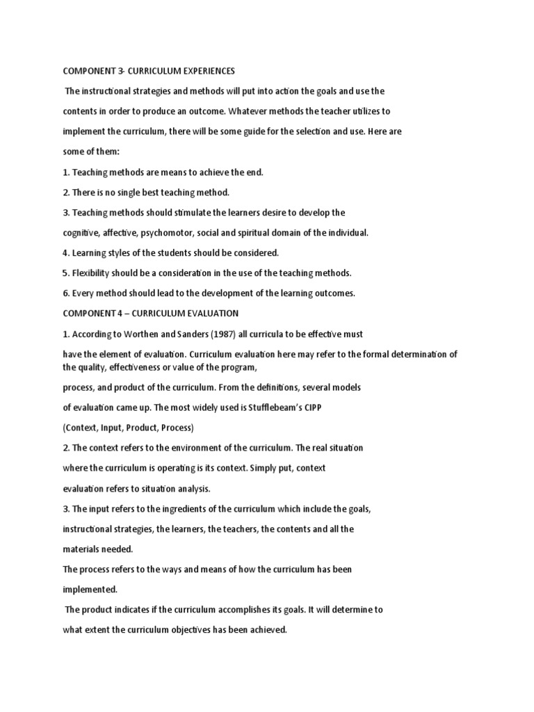 Component 3 Curriculum Experiences Pdf Curriculum Teaching Method