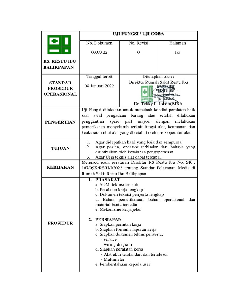 03.09.22 SOP Uji Fungsi Uji Coba | PDF