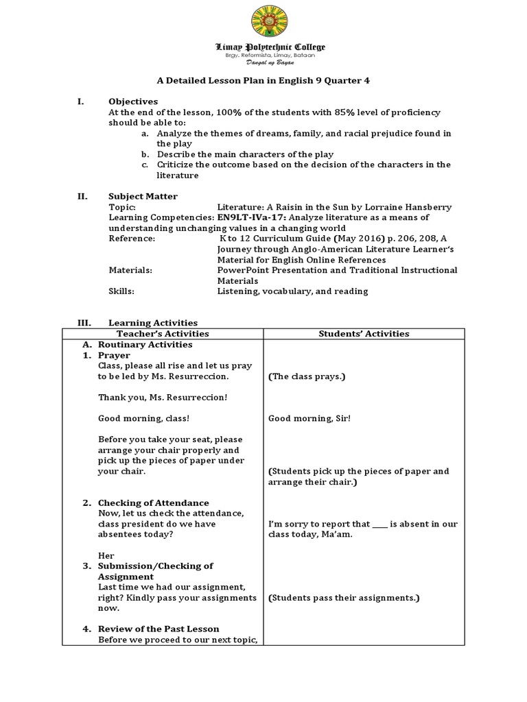 Detailed Lesson Plan A Raisin in The Sun | PDF