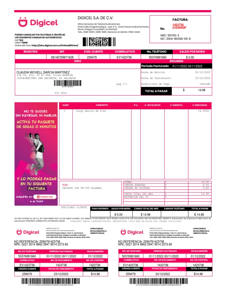Factura Digicel | PDF | Industrias de servicio | Telecomunicaciones