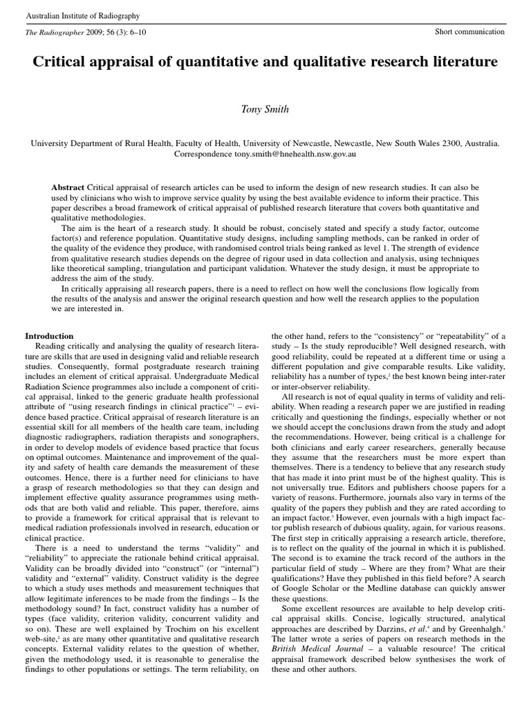 Reading Material Critical Appraisal of Quantitative and Qualitative ...