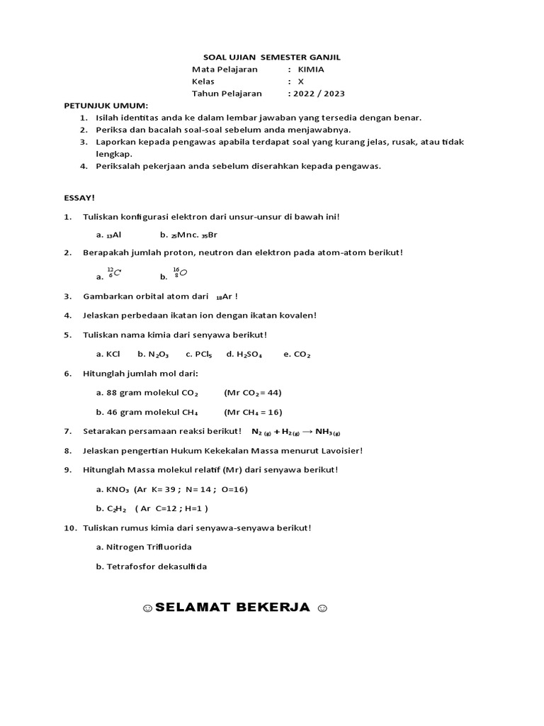 Soal Kimia Kelas X Semester Ganjil | PDF