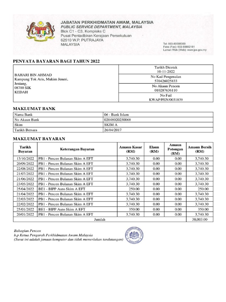 Penyata Pencen Bahari Bin Ahmad | PDF